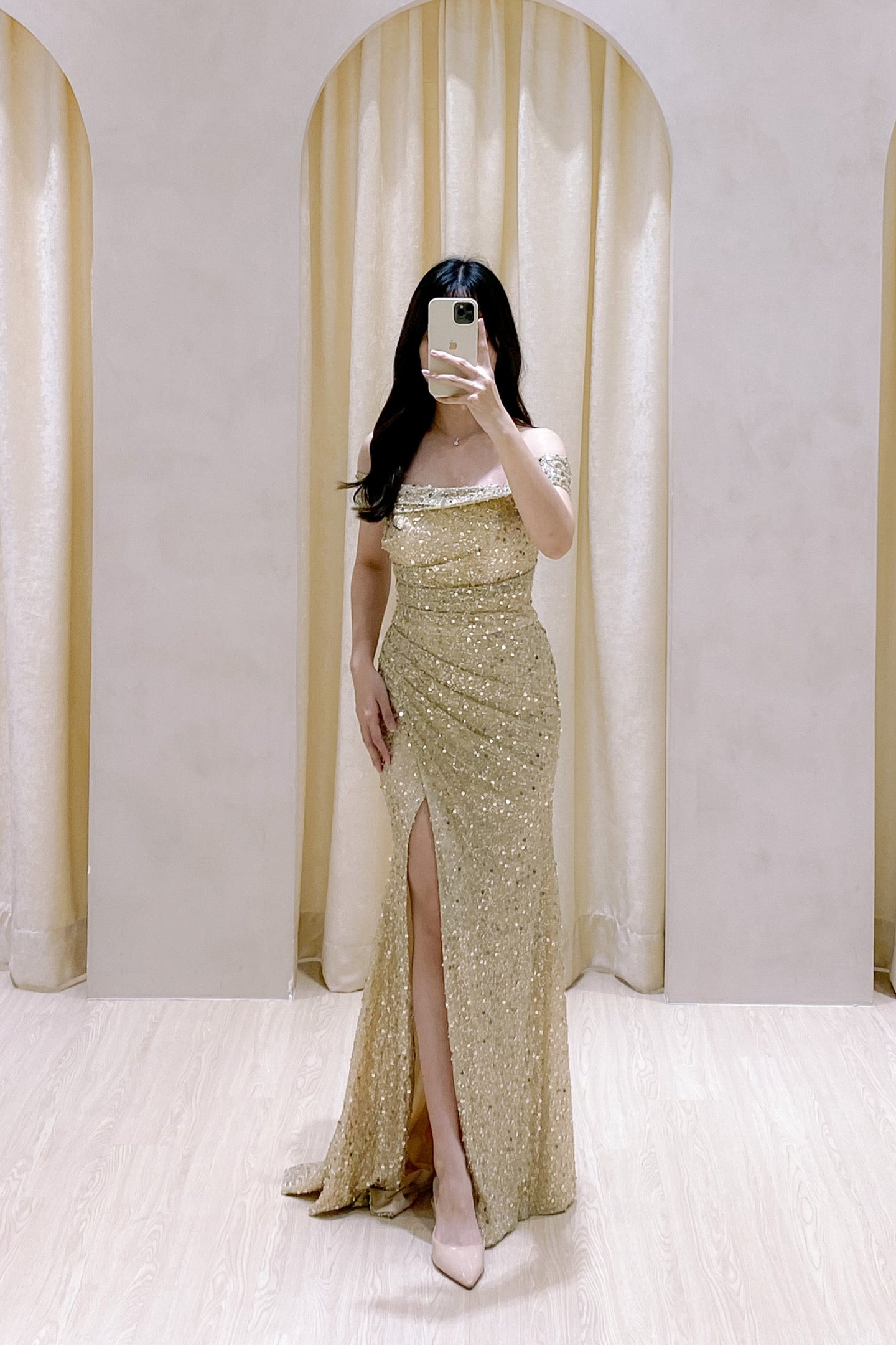Arya Gold Off Shoulder Sequin gown – GlamEdge Dress & Gown