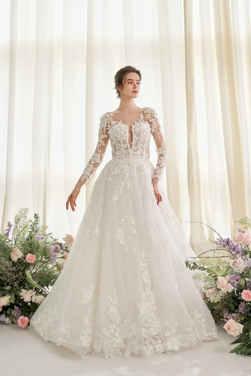 Bianca White Floral Long Sleeve Ballgown Glamedge Dress And Gown