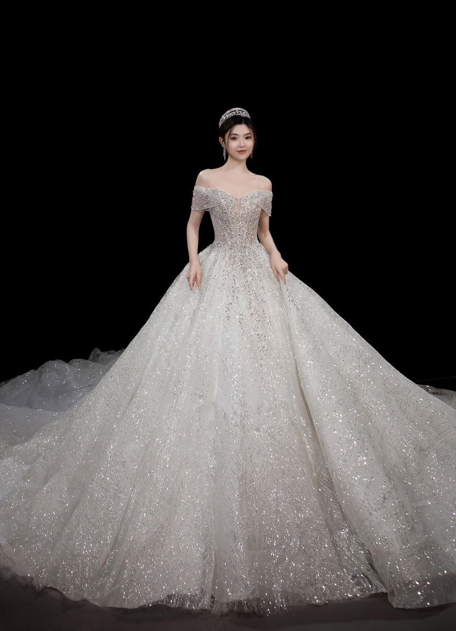 KC Emrys Off Shoulder Glitter Bridal Ballgown – GlamEdge Dress & Gown
