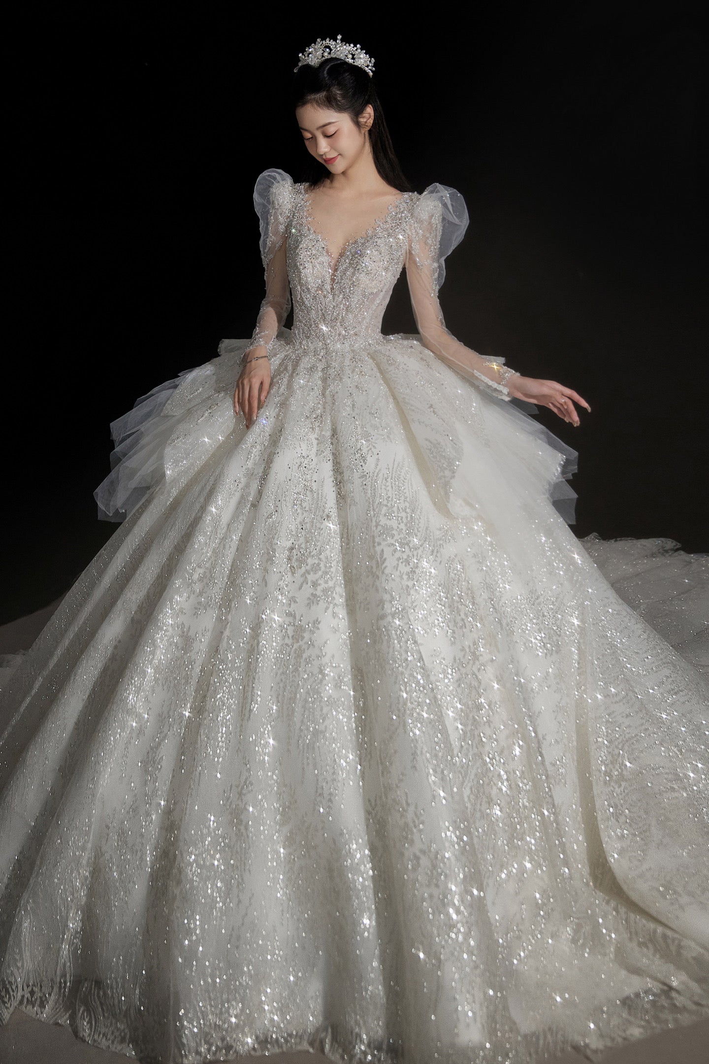 KC Amore Puffy Sleeve Glitter Bridal Ballgown – GlamEdge Dress & Gown