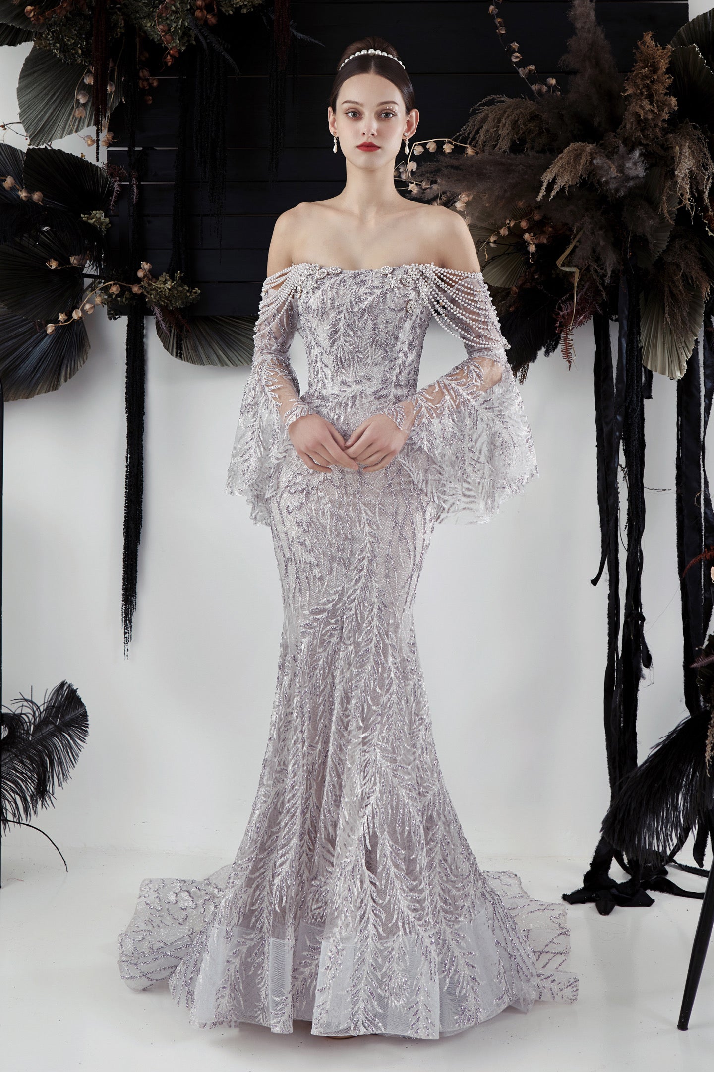 SC Margaret Off Shoulder Silver Gown – GlamEdge Dress & Gown