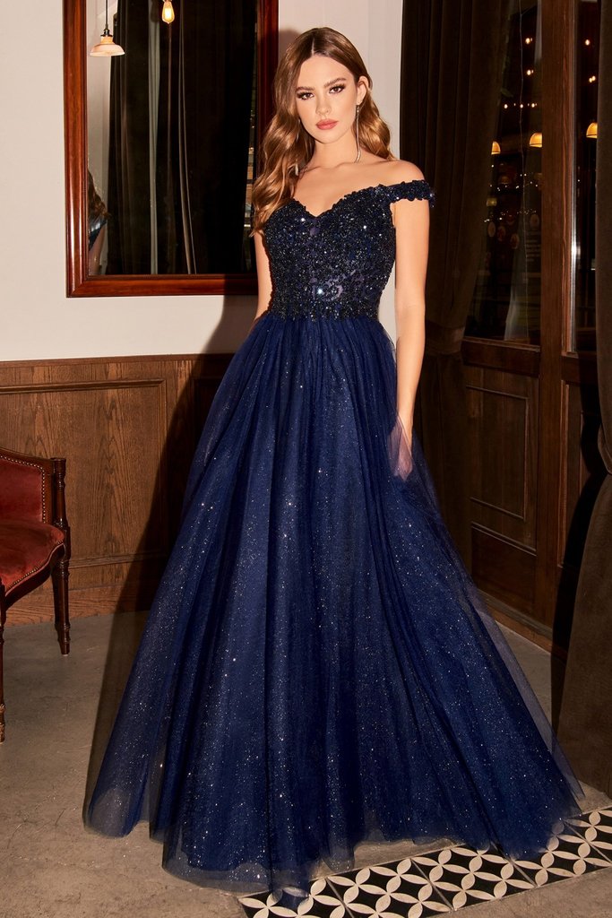 CD Metallic Lace Navy Gown – GlamEdge Dress & Gown