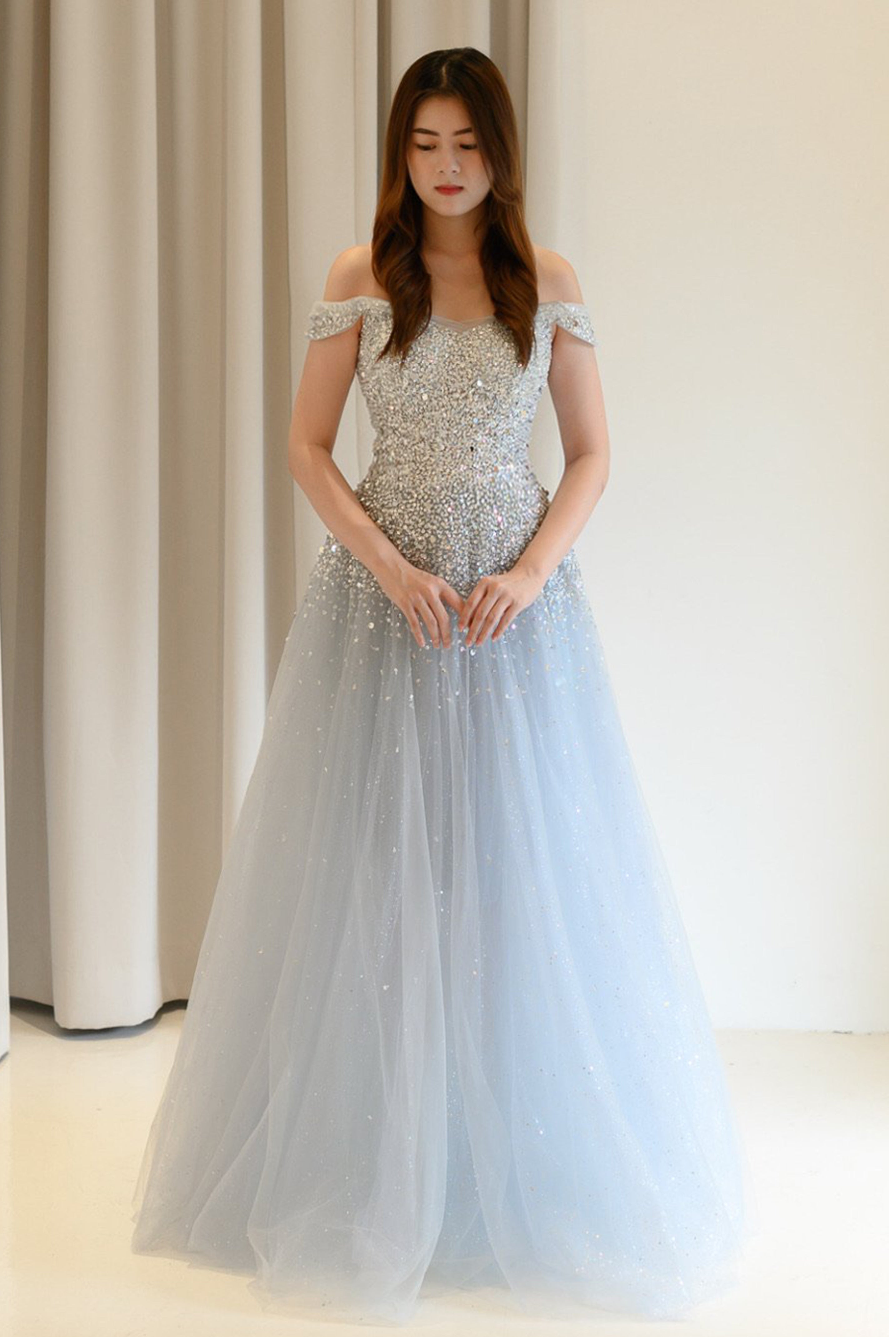 Charlotte Crystal Silver Off Shoulder Gown – GlamEdge Dress & Gown